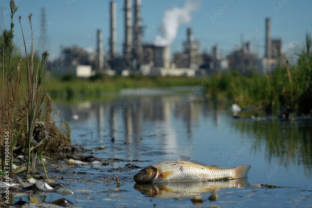 Toxic pollution in a river dead fish incident industrial area waterway ...