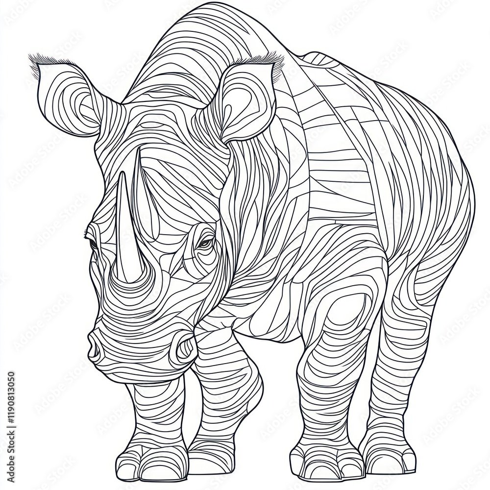 Line art rhino illustration, African savanna background, coloring book ...