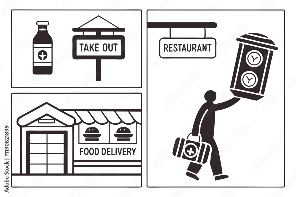 Black and white icons, take out signs, restaurant graphics, food ...