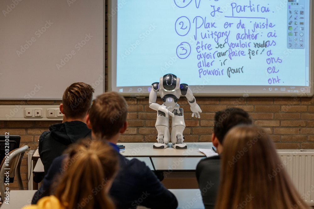 Robotics class featuring a humanoid robot interacting with students in ...