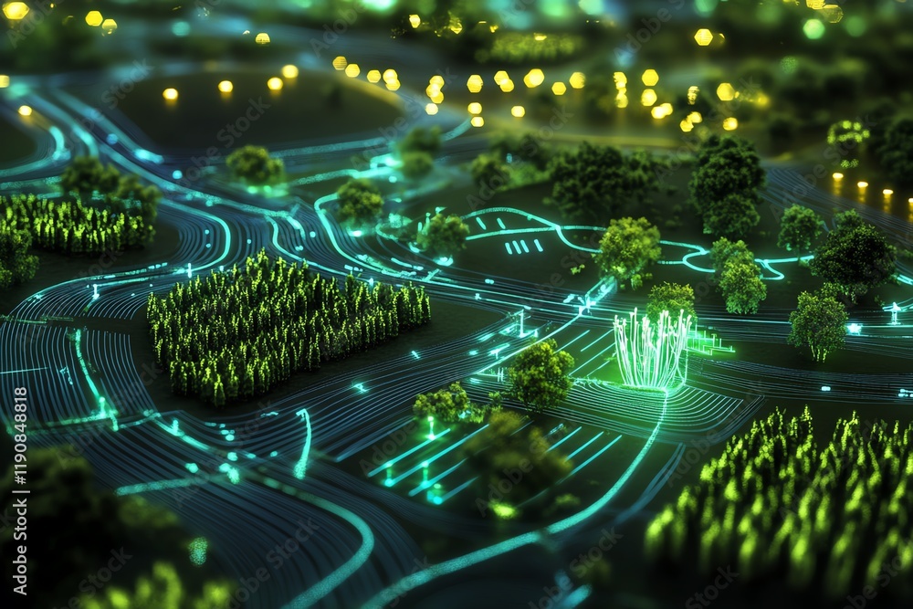 Futuristic smart city landscape. Digital network overlay on green ...