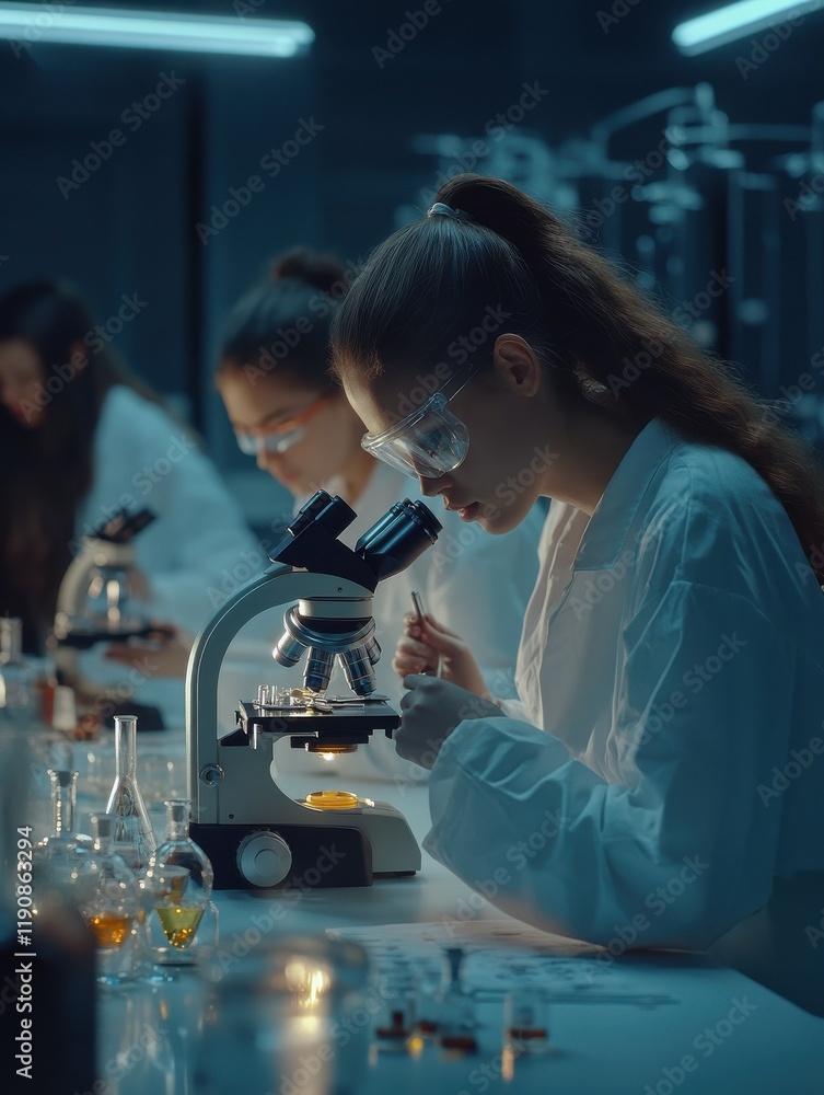 Group of college students performing experiment using microscope in science lab. University ...