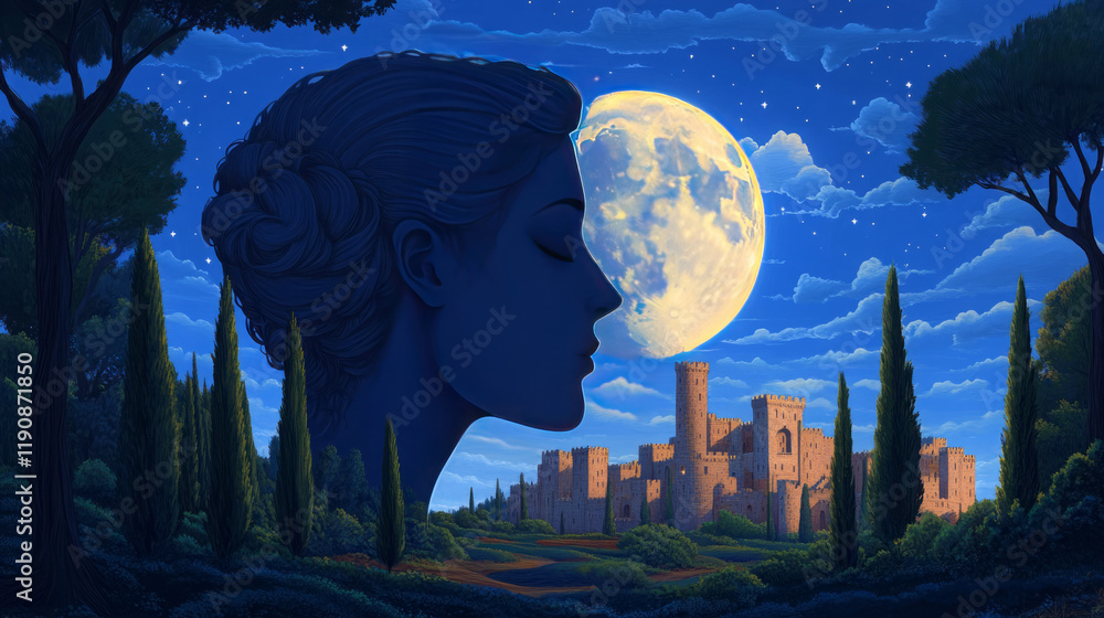 dreamlike moonlit castle art featuring mystical woman silhouette with ...