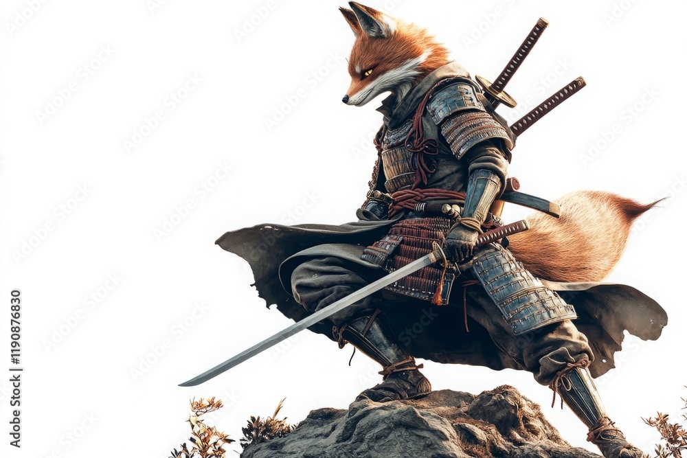 Fox Warrior Samurai Stands in Heroic Pose with Sword Ready for Battle ...