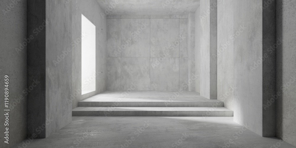 Abstract empty, modern concrete room with door opening, stairs and ...