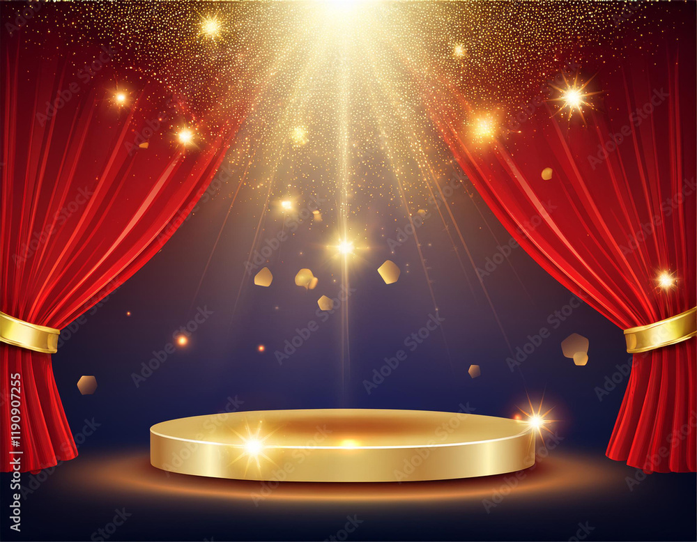 luxury award ceremony scene with red curtain golden stars light beams ...