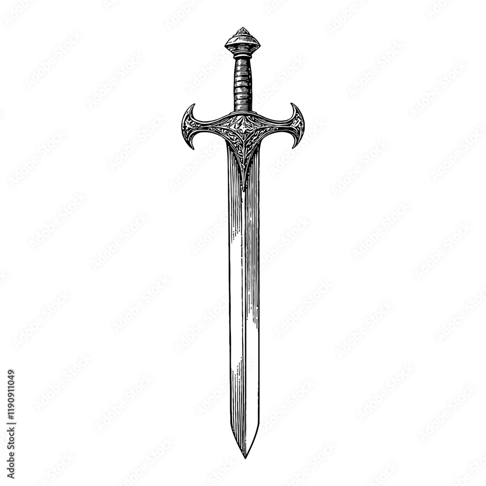 Medieval Sword with Detailed Hilt Black and White Outline Line Art ...