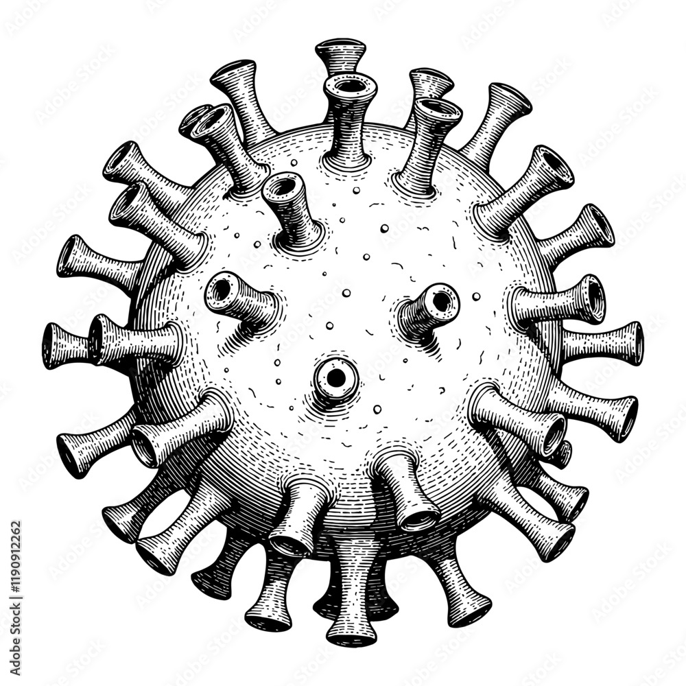 Detailed Virus Cell Structure Black and White Outline Line Art Drawing ...