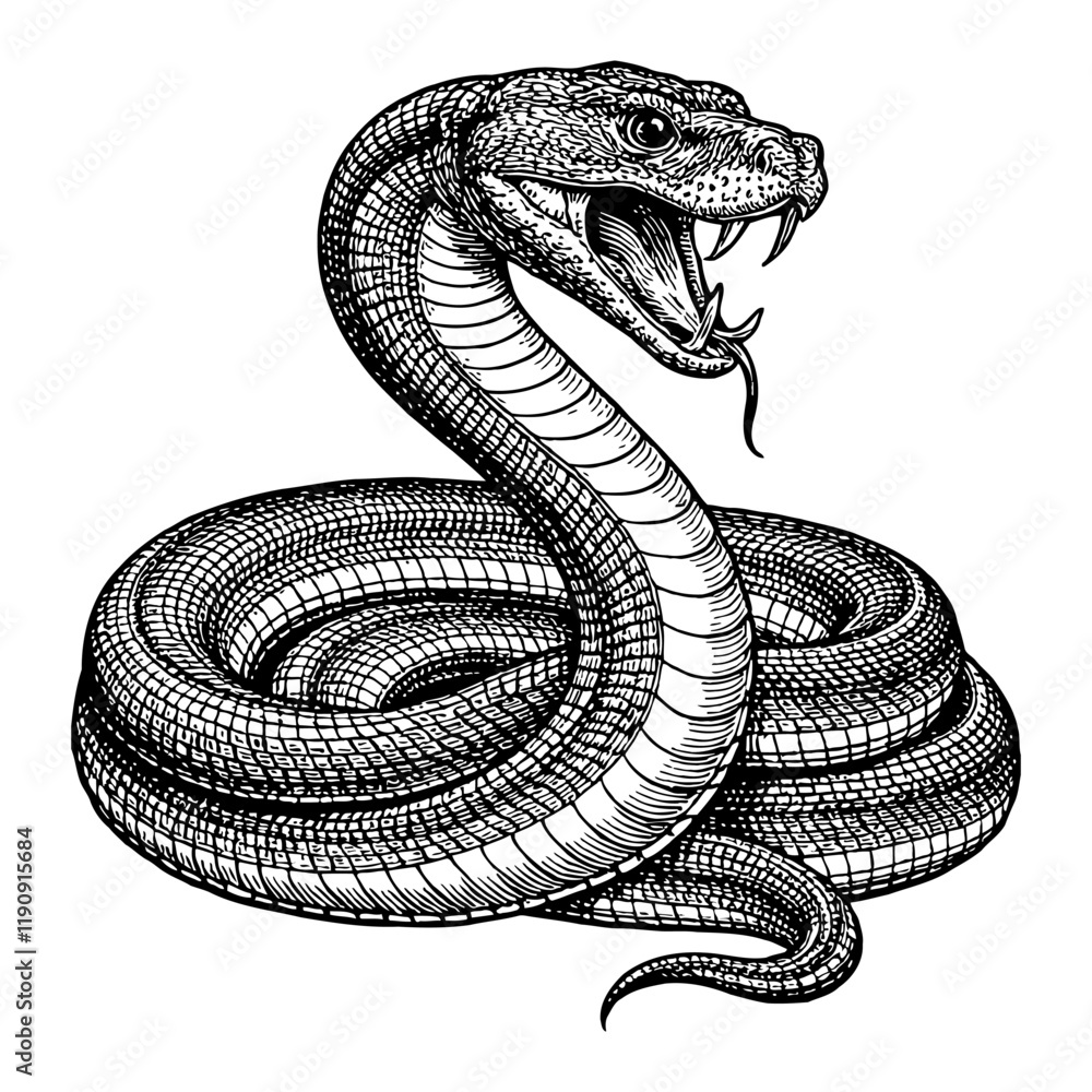 King Cobra Snake with Open Mouth Detailed Black and White Outline Line ...