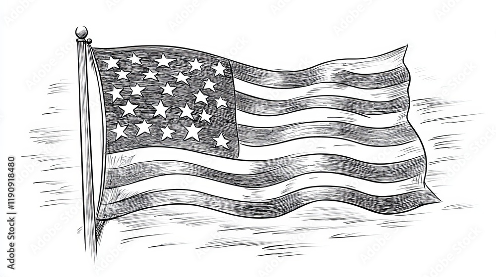 American Flag Waving, Line Art Drawing, Coloring Book Page Illustration ...