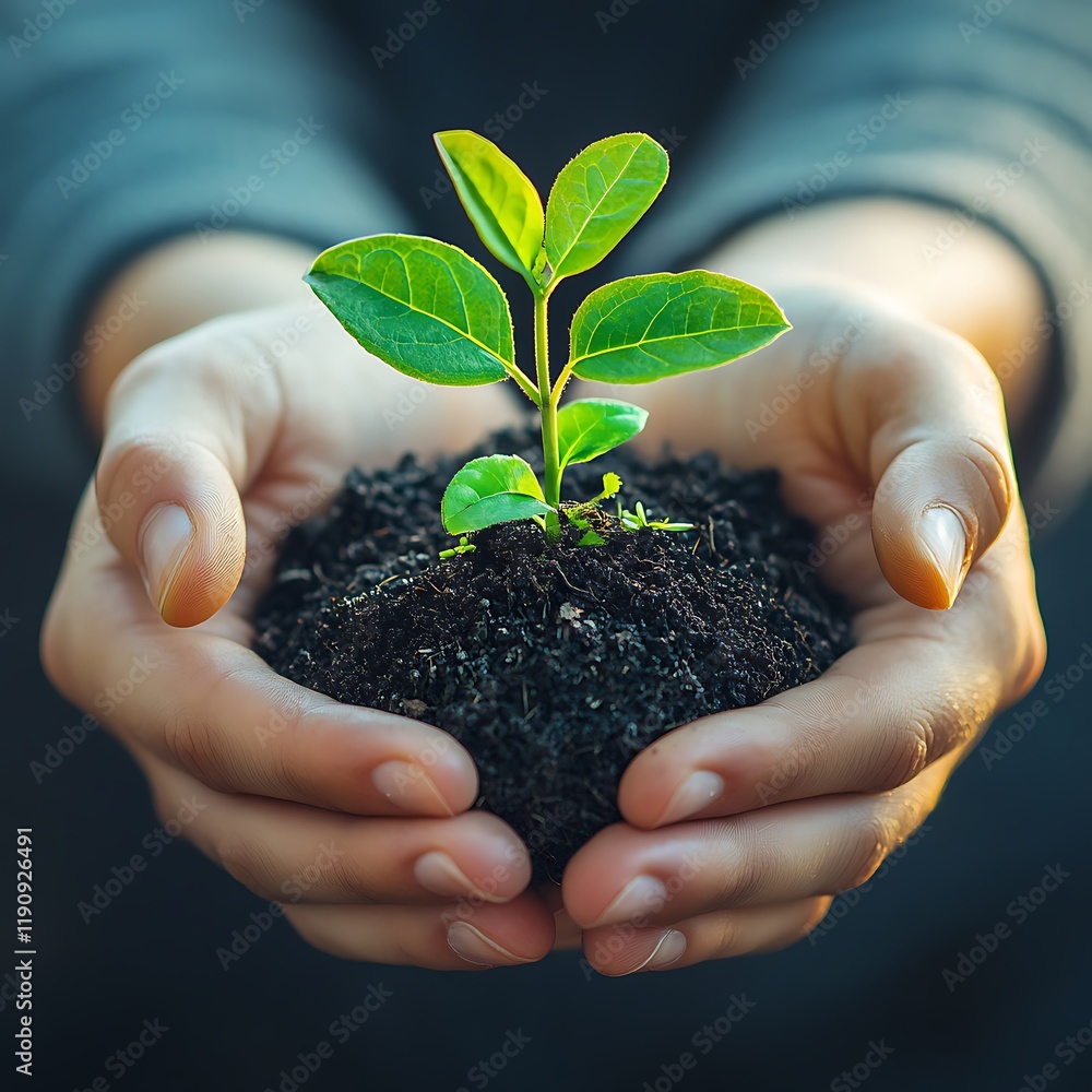 World environment day. Business hands holding green plant together for environment sustainable ...