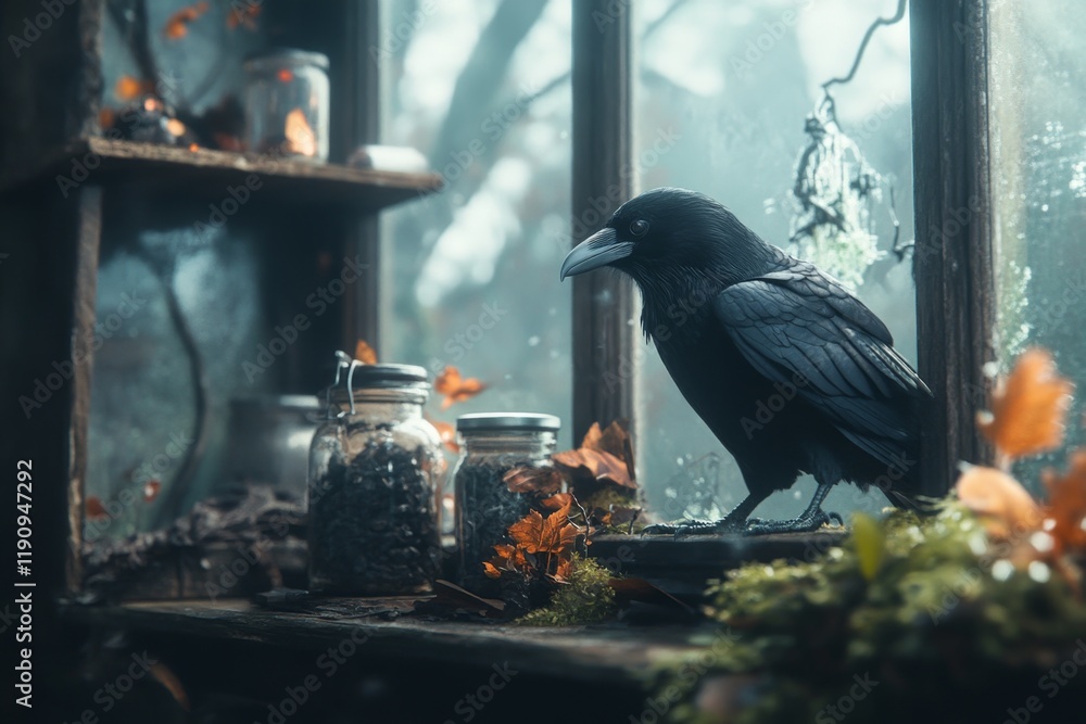 A gothic depiction of a vet treating a black raven in a dimly lit room ...