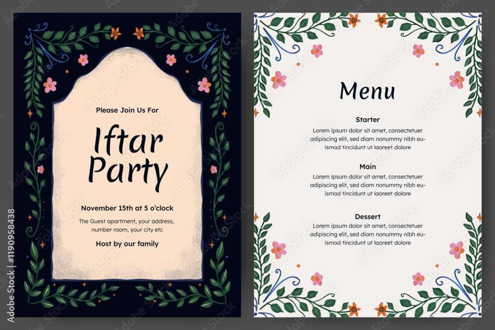 Ramadan mubarak template with plant, flower, and arch border for iftar ...