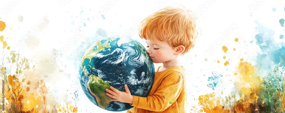 Conceptual logo for Earth Day, child embracing planet Earth with ...