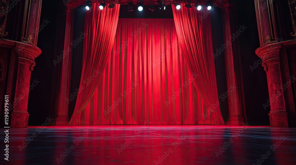 Large stage with theater spotlight on red curtain. Background to ...