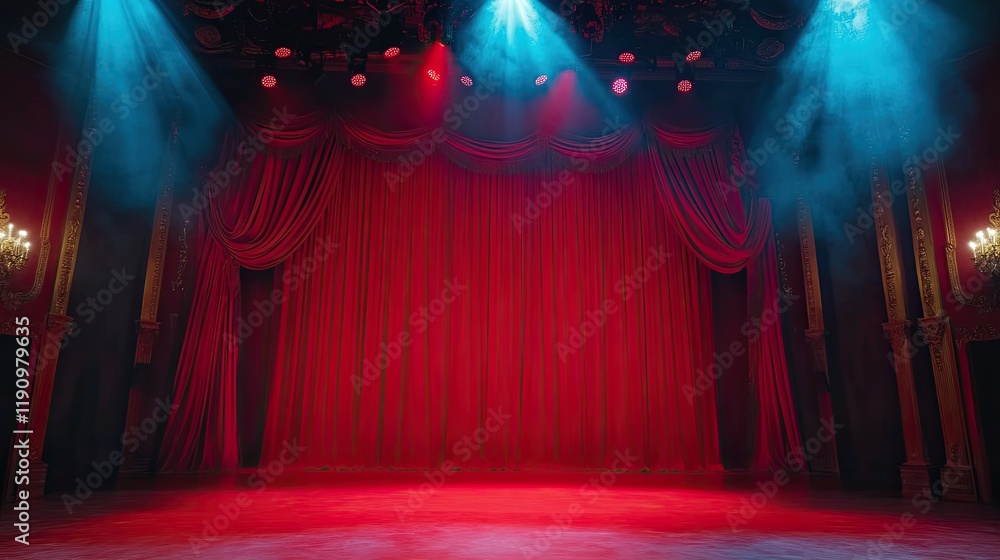 Large stage with theater spotlight on red curtain. Background to ...