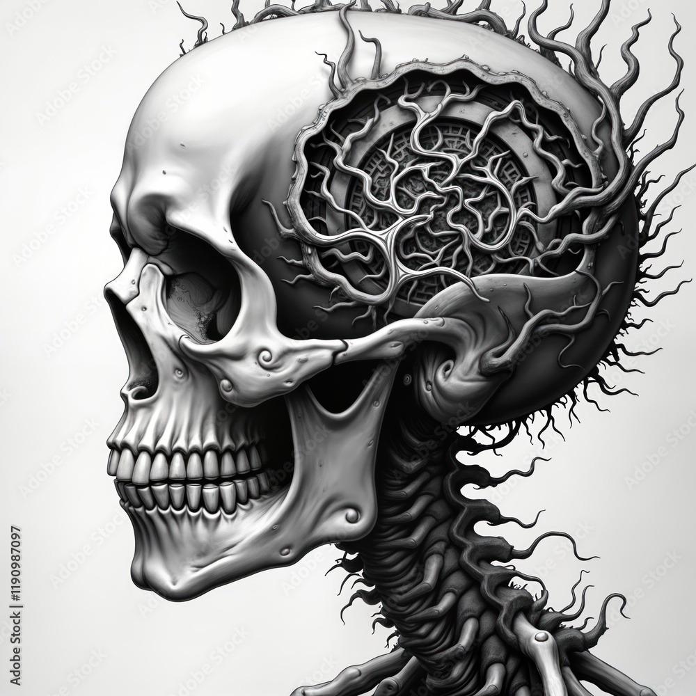 Surreal intricate skull drawing shows detailed anatomy. Complex design ...