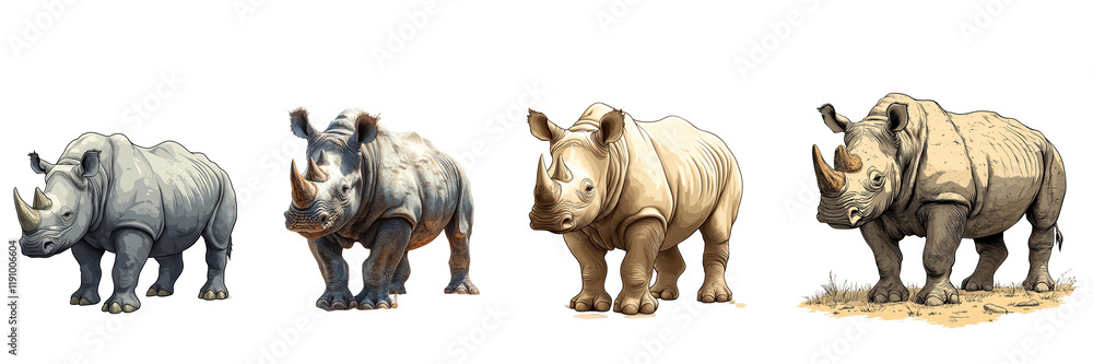 Rhino Quartet, diverse depictions, varying textures, vibrant ...