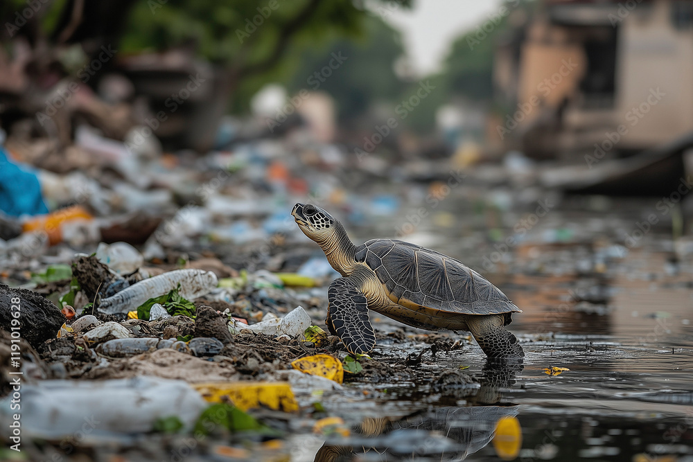 big turtle on the rock of garbage. ecological disaster. catastrophe of ...