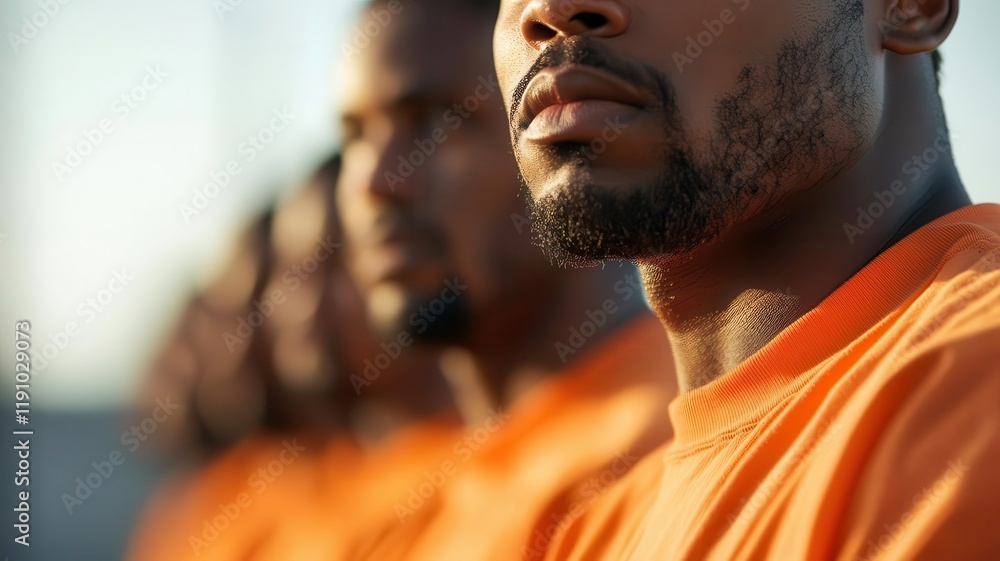 Inmates lined up for a routine check in a prison yard, showcasing order ...