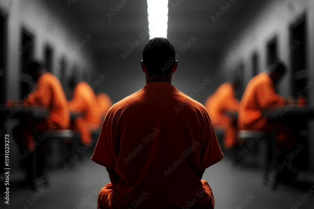 Inmates sitting in a prison cafeteria, highlighting daily life inside a ...