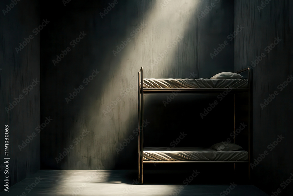 Prison bunk beds in a dimly lit cell, illustrating the living ...