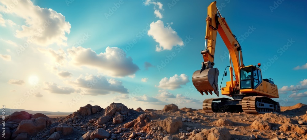 Large yellow excavator sits on construction site with rocks. Sunny day ...