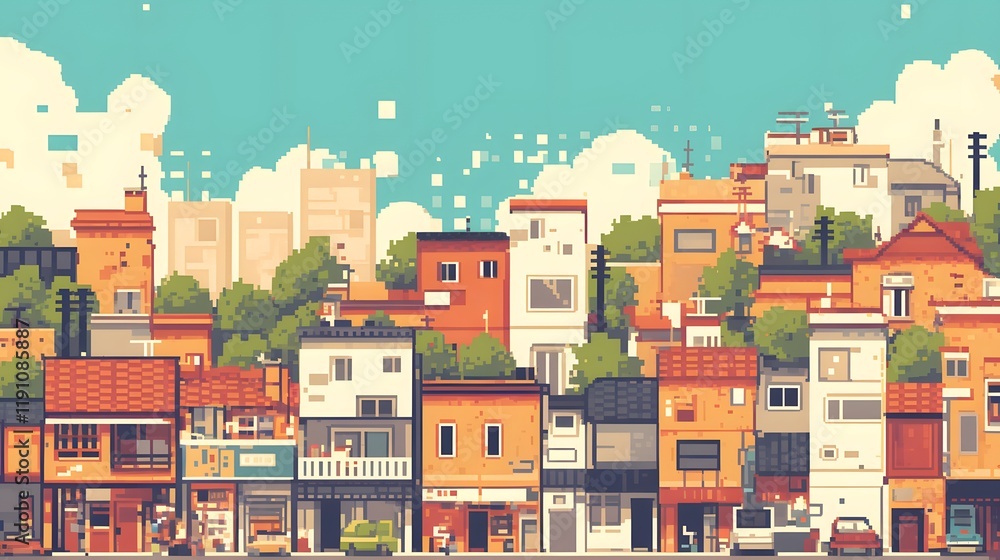 A pixel art city landscape featuring buildings, houses, streets, and ...