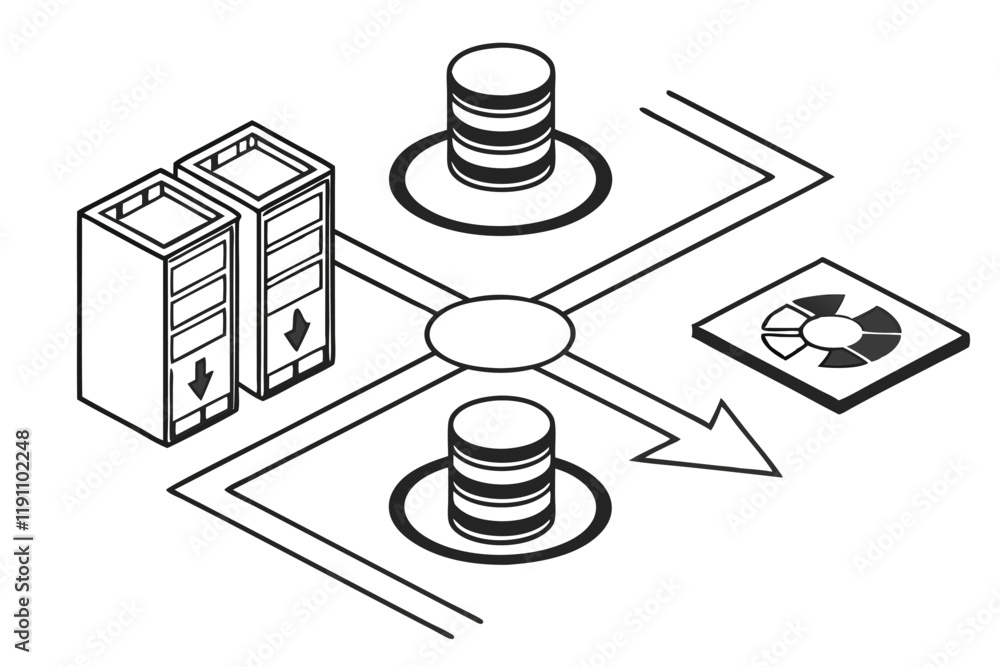 Database symbol, centralized storage icon, data convergence, black and ...