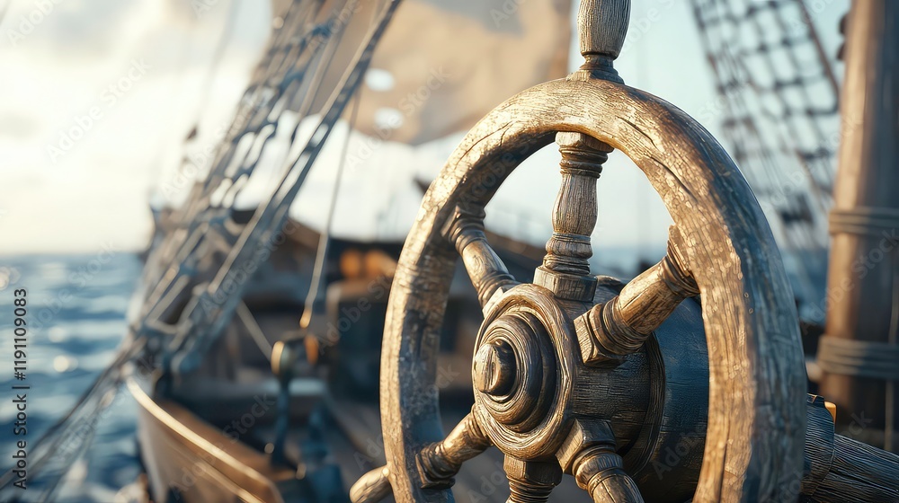 Extreme close-up of a wooden steering wheel of an old sail ship with a ...
