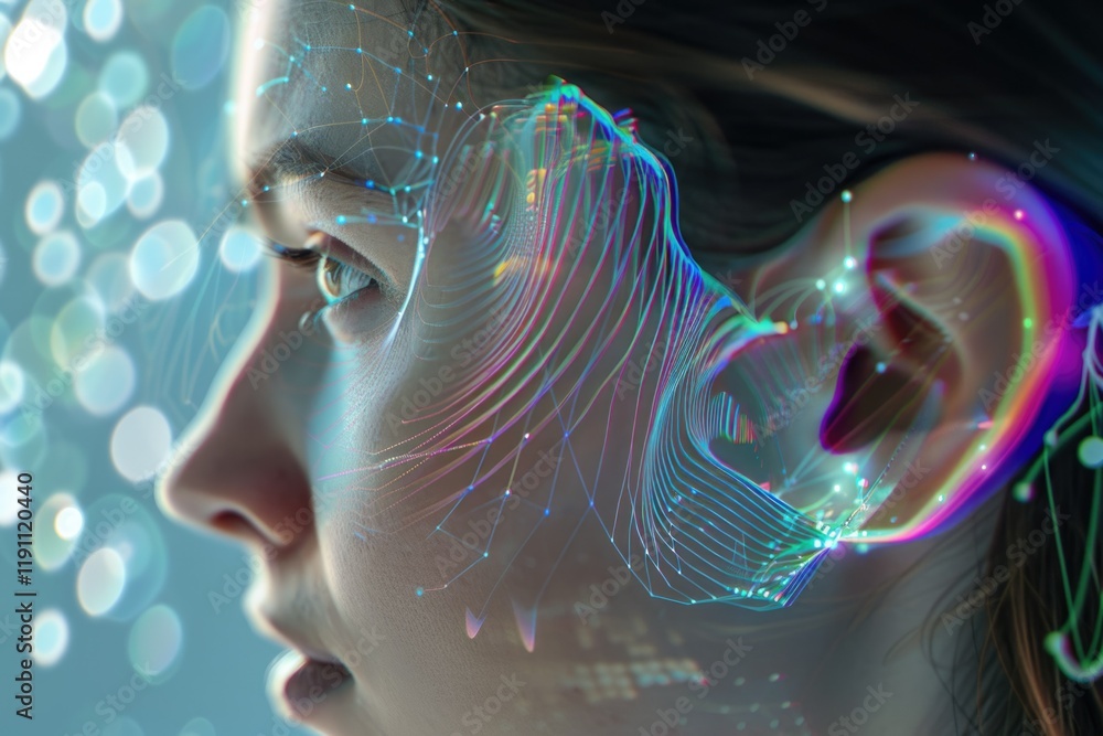 Young womans ear tested with sound wave simulation technology. Stock ...