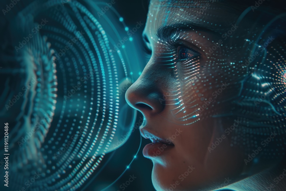 Young womans ear tested with sound wave simulation technology. Stock ...