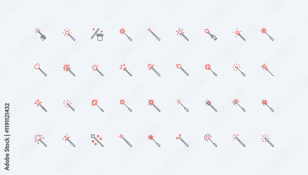 Magic wands, stick of magician with stars shine and sparks, button of ...