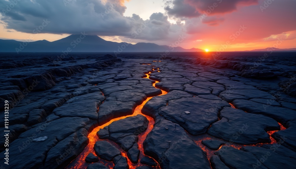 Lava flows across cracked dark rock landscape at sunset. Volcanic ...