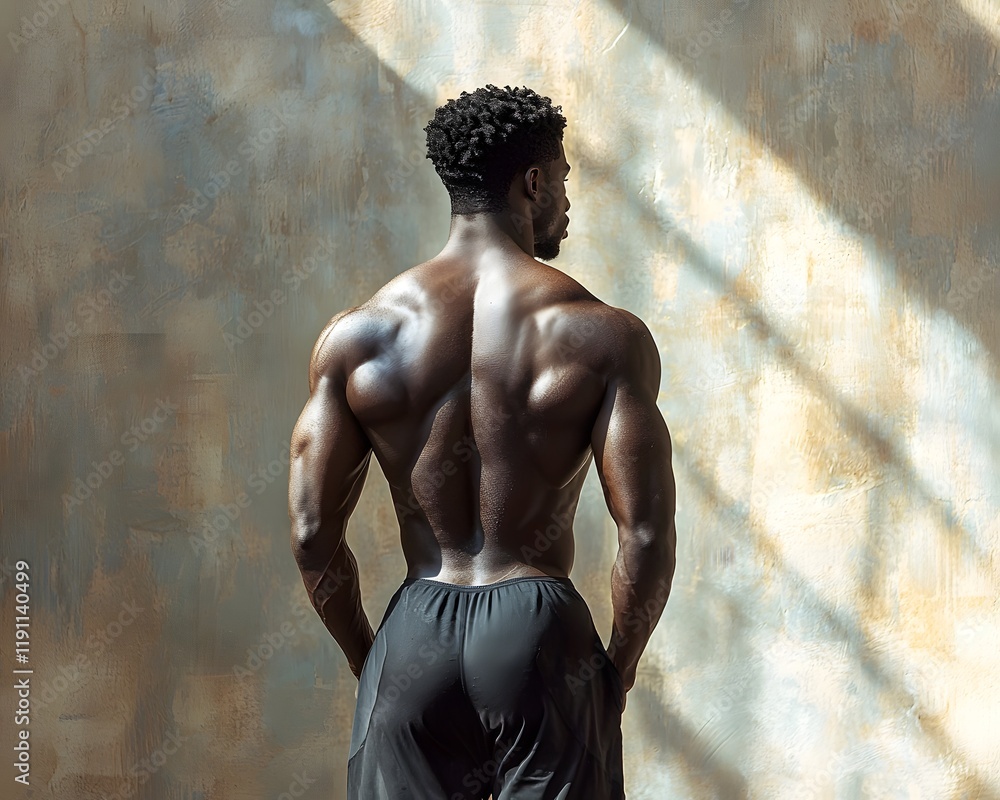 Minimalist Shot of Muscular Bodybuilder Flexing Back Muscles with Stark ...