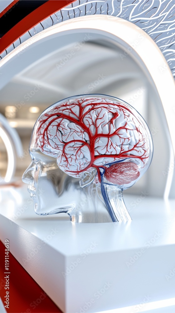 3D visualization of the human brain highlighting major blood vessels ...