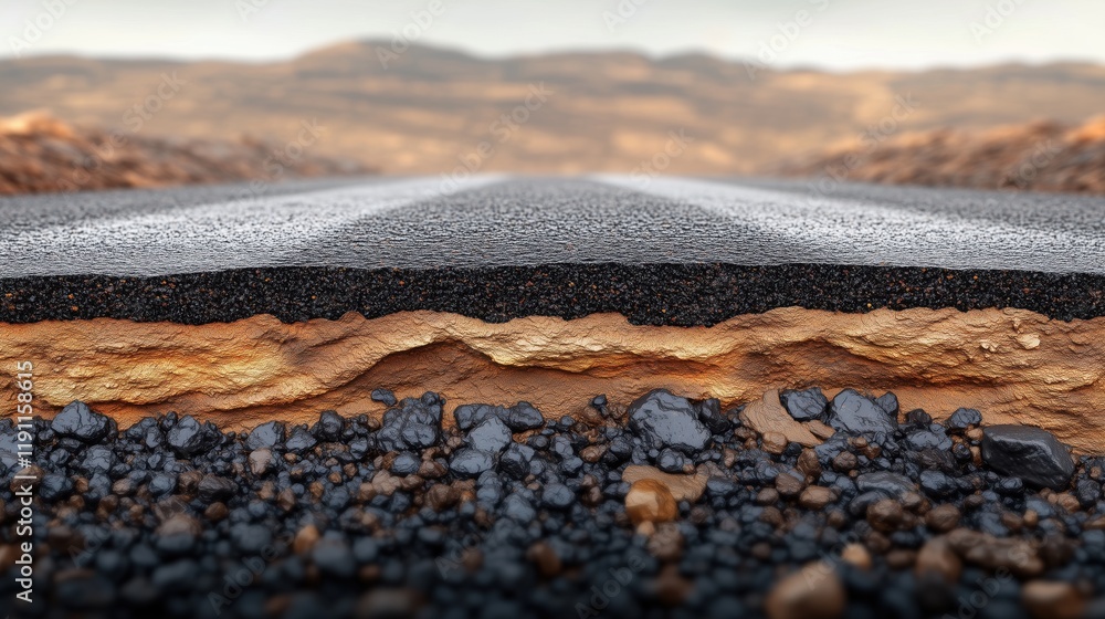 Wet asphalt road cross section showing underlying gravel and soil ...