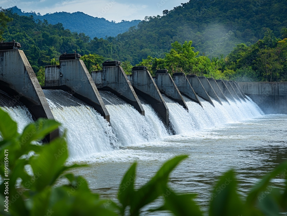 Dam with Waterfall on the River. Hydroelectric dam during Spring runoff ...