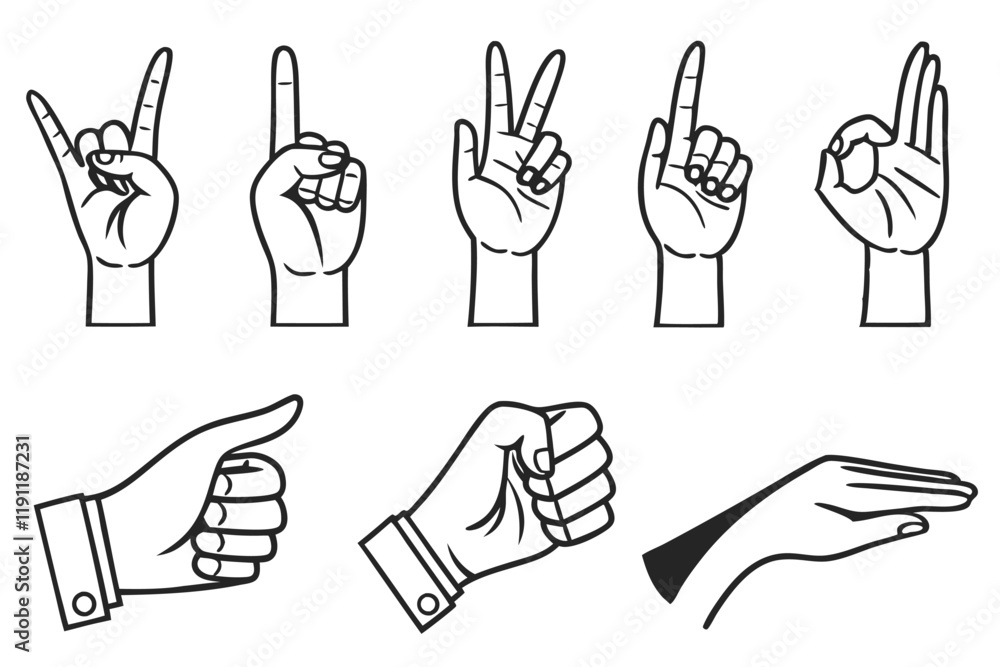 Hand gestures, minimalist icons, black and white illustrations, line drawings, emoji-style ...