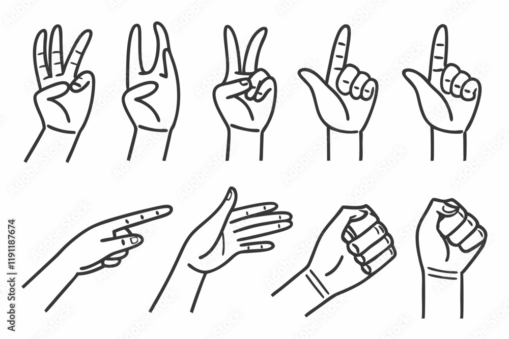 Hand gestures, minimalist icons, black and white illustrations, line drawings, emoji-style ...