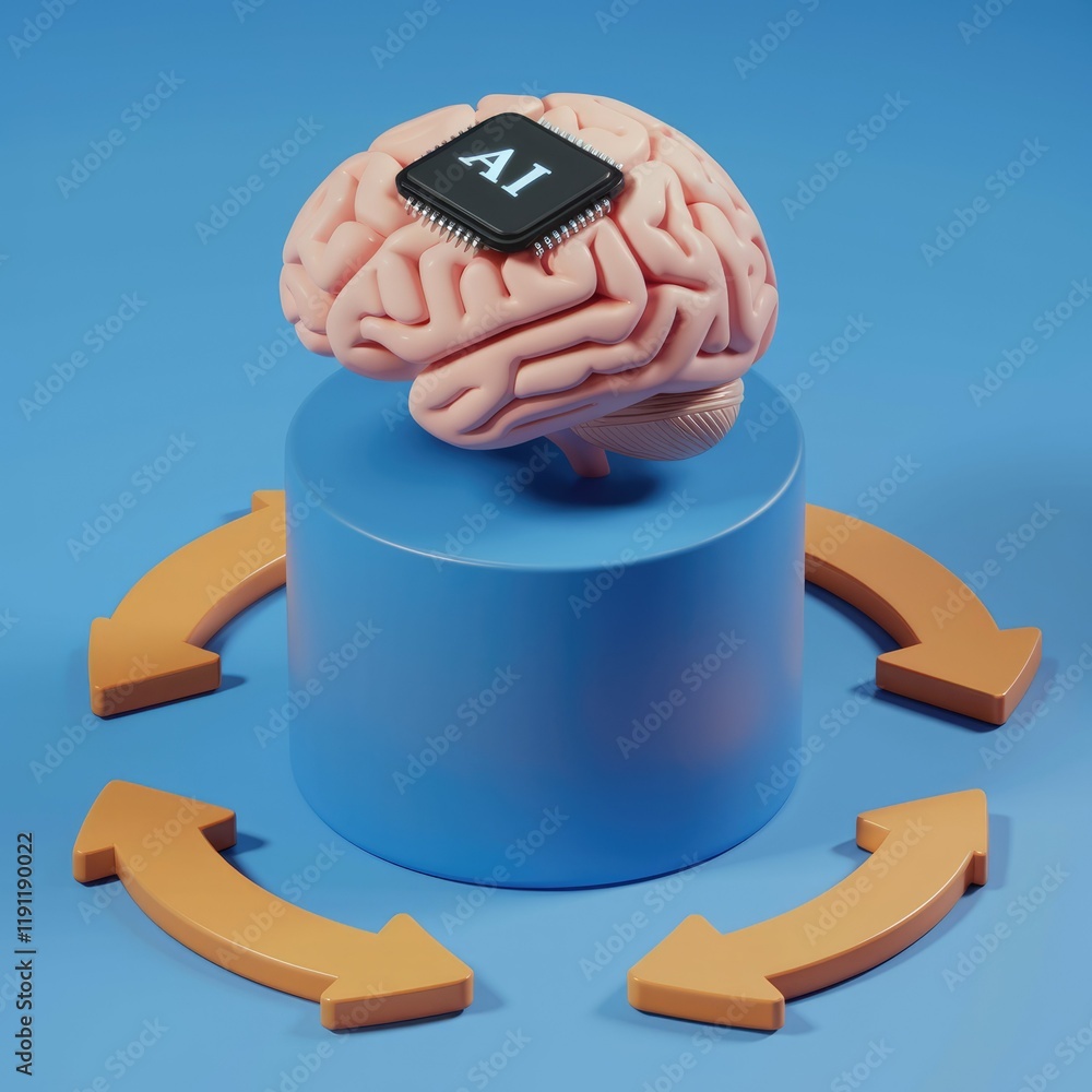 AI chip integrated into a 3D brain model, symbolizing artificial intelligence and cognitive ...
