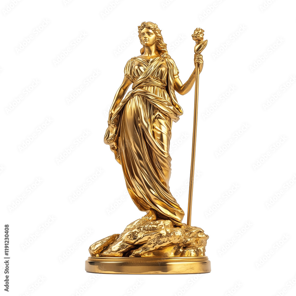 gold plated statue of Hera, Greek goddess, standing gracefully with ...
