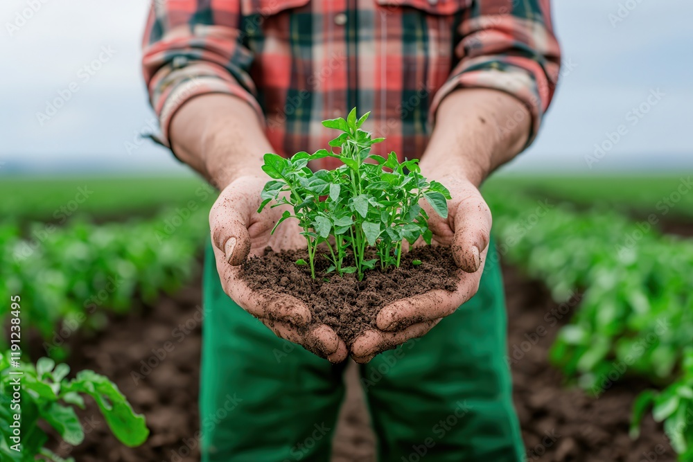 Farm-to-Table. Supporting Local Farmers Hands holding seedlings in rich ...