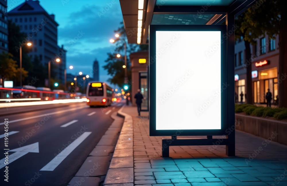 Empty vertical billboard at city street bus stop at night. Urban scene ...