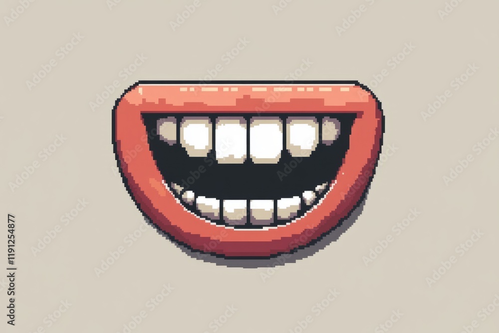 Big pixelated smiling mouth with red lips and white teeth is showing ...