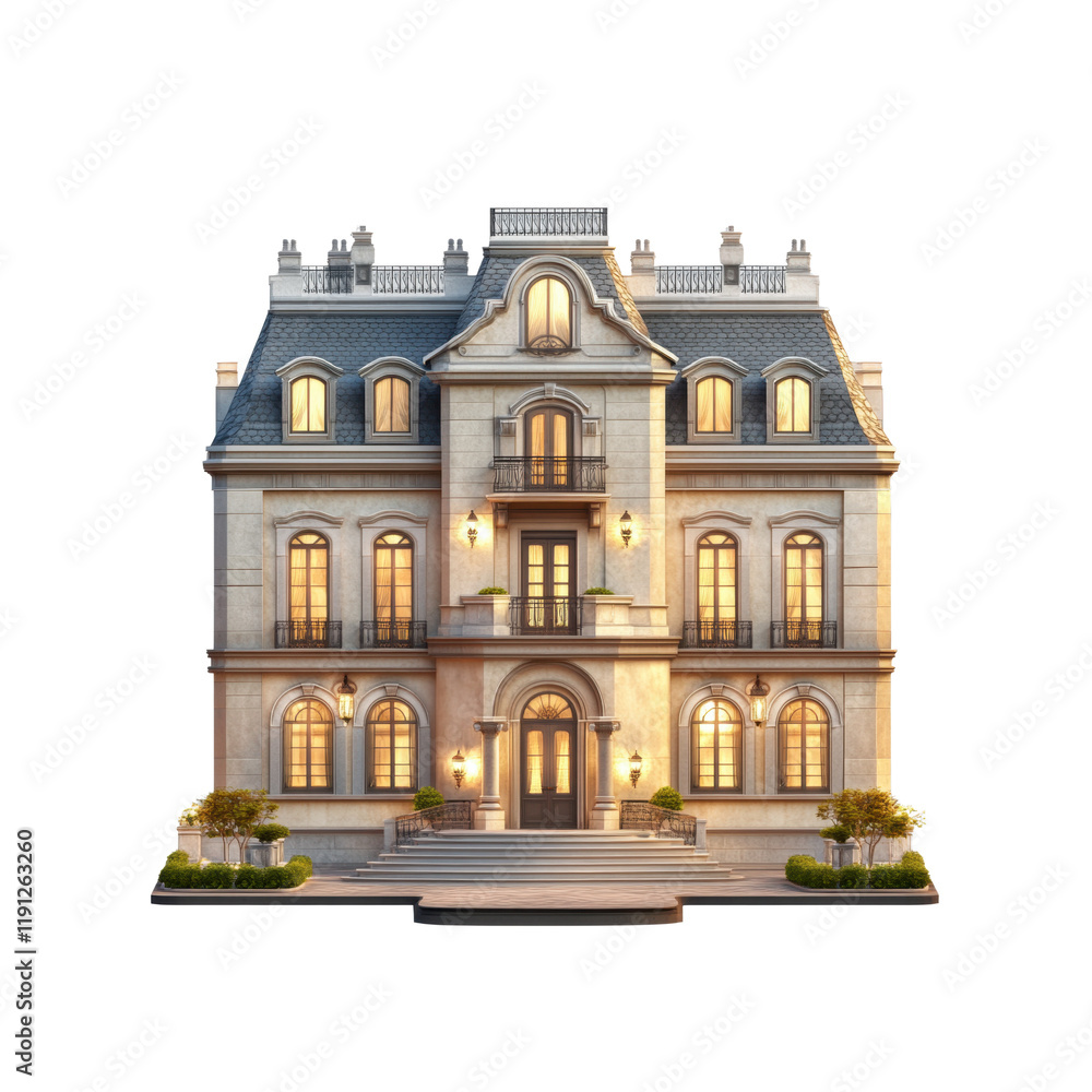 Classic 3D mansion house illustration with a symmetric design and ...