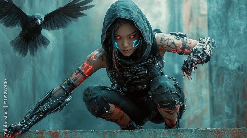 An Asian warrior woman with cybernetic tattoos on her arms, her hood ...