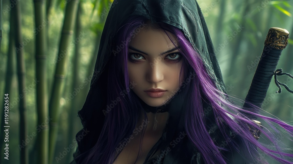 A purple-haired Asian female warrior under a hooded robe, standing in a ...