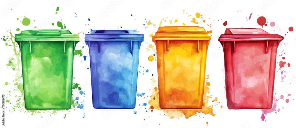 a 4 colorful recycling bins with different colors and sizes isolated on ...