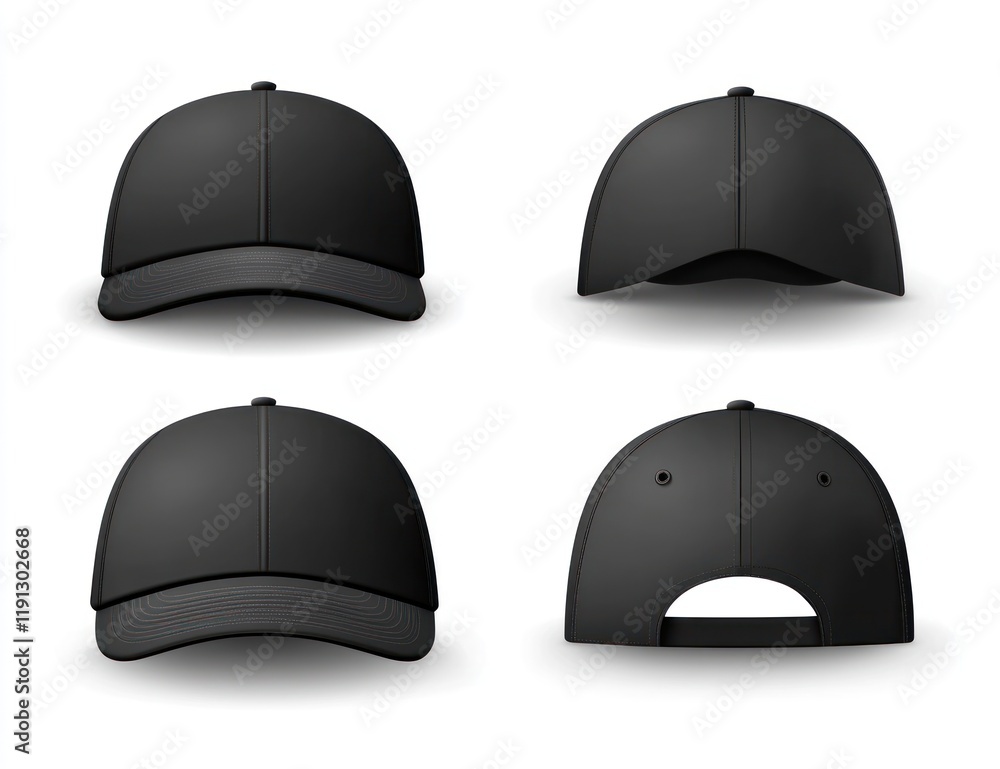 Black Baseball Cap Mockup Front, Back, and Side Views on White ...